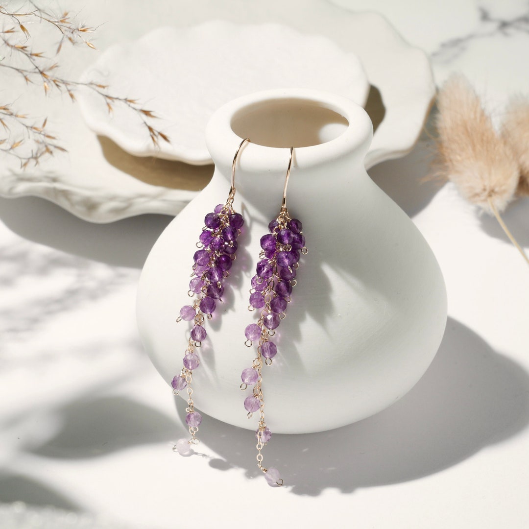 Natural Amethyst Olive Leaf Sterling Silver Dangle Earrings, S925 Genuine Amethyst Wisteria ...