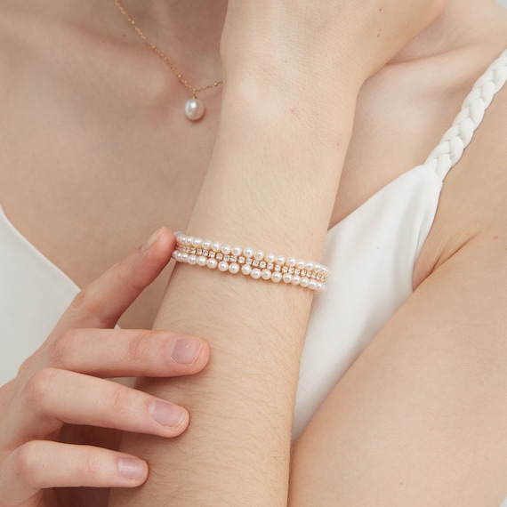 Natural Freshwater with CZ Crystal Wreath Pearl Bracelet Gold Plated Dainty Pearl Bead Bracelet Wedding Bride Jewelry Gift for Her Etsy France