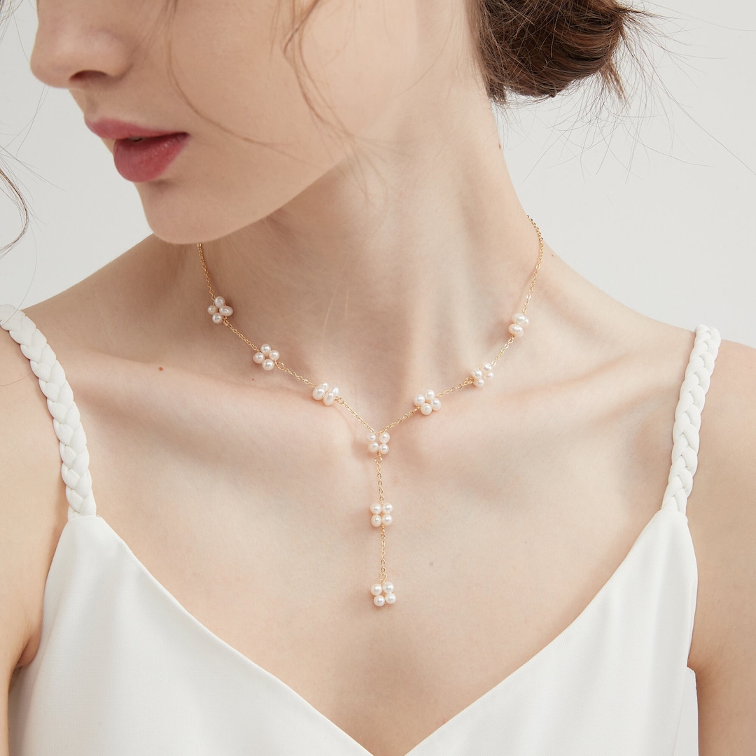 Natural Pearl Daisy Choker, Real Freshwater Pearl Gold Necklace, Pearl ...