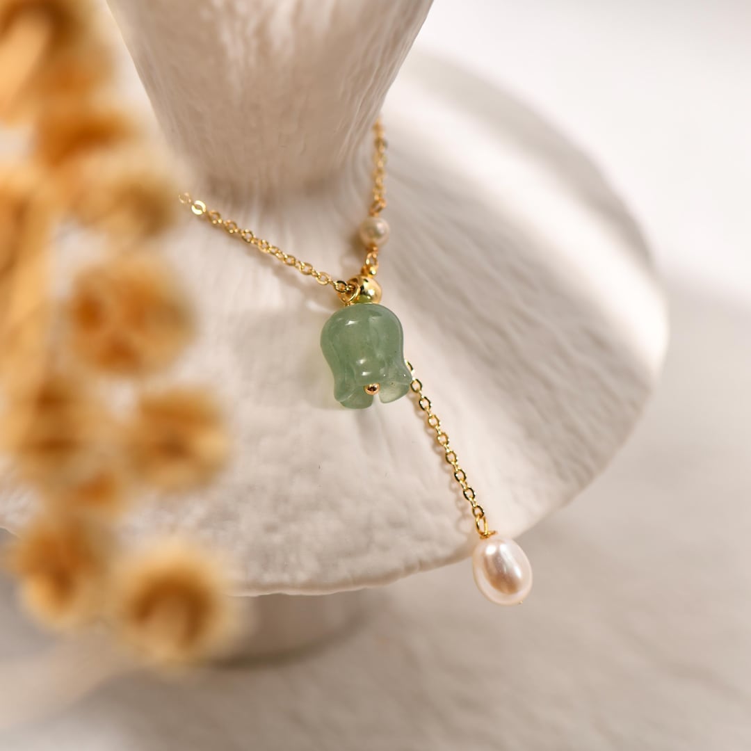 Carved Jade Bluebell Flower Necklace, Genuine Green Jade With Pearl ...