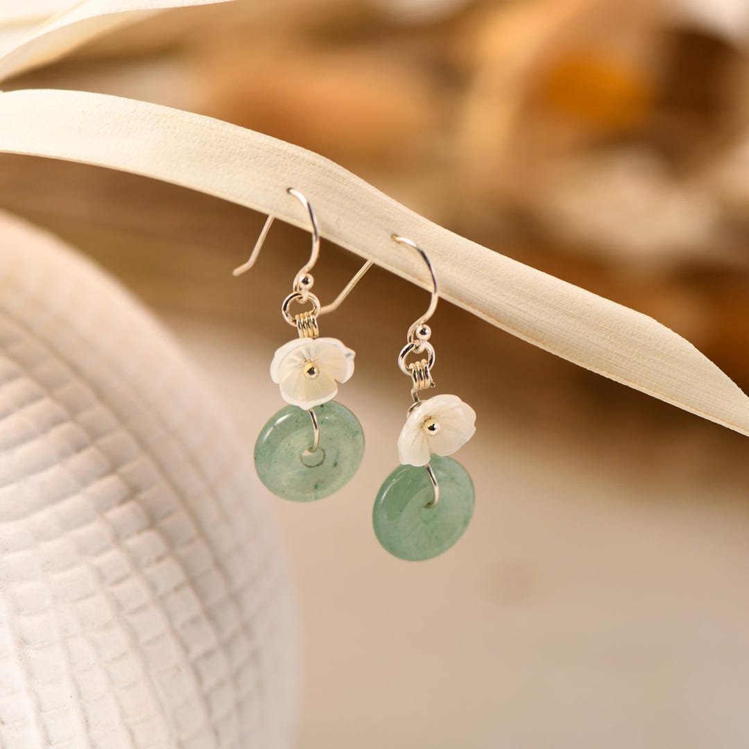 Delicate Flower on Donut Dangle Drop Earrings, Natural Jade With Mother ...