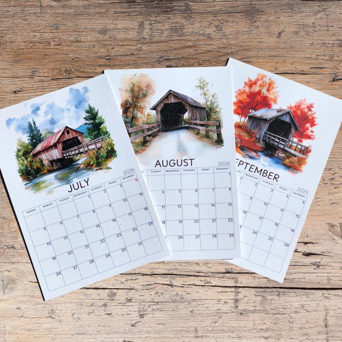 Covered Bridges Mini Desk Calendar| Watercolor Style Covered Bridges| 4 ...