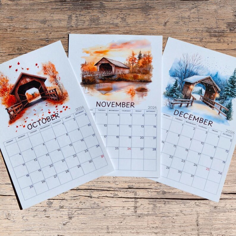 Covered Bridges Mini Desk Calendar| Watercolor Style Covered Bridges| 4 ...