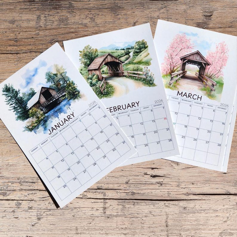 Covered Bridges Mini Desk Calendar| Watercolor Style Covered Bridges| 4 ...