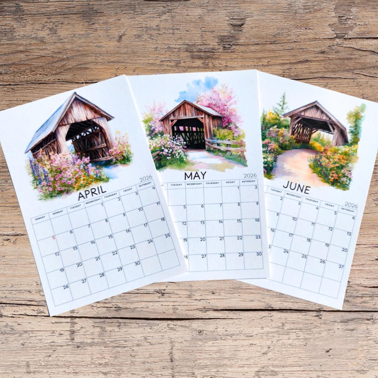 Covered Bridges Mini Desk Calendar| Watercolor Style Covered Bridges| 4 ...