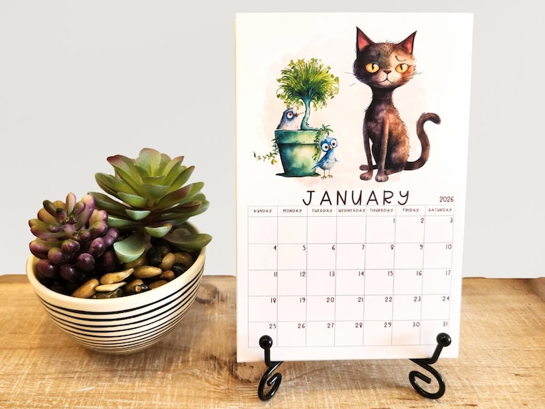 Cat Mini Desk Calendar| Watercolor Style Cat Calendar| 4"x6" Recycled ...