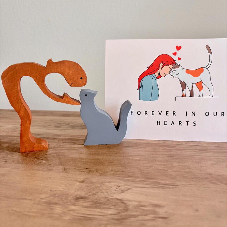Cat Memorial Gift – Woman and Cat Wooden Figurines With Personalized ...