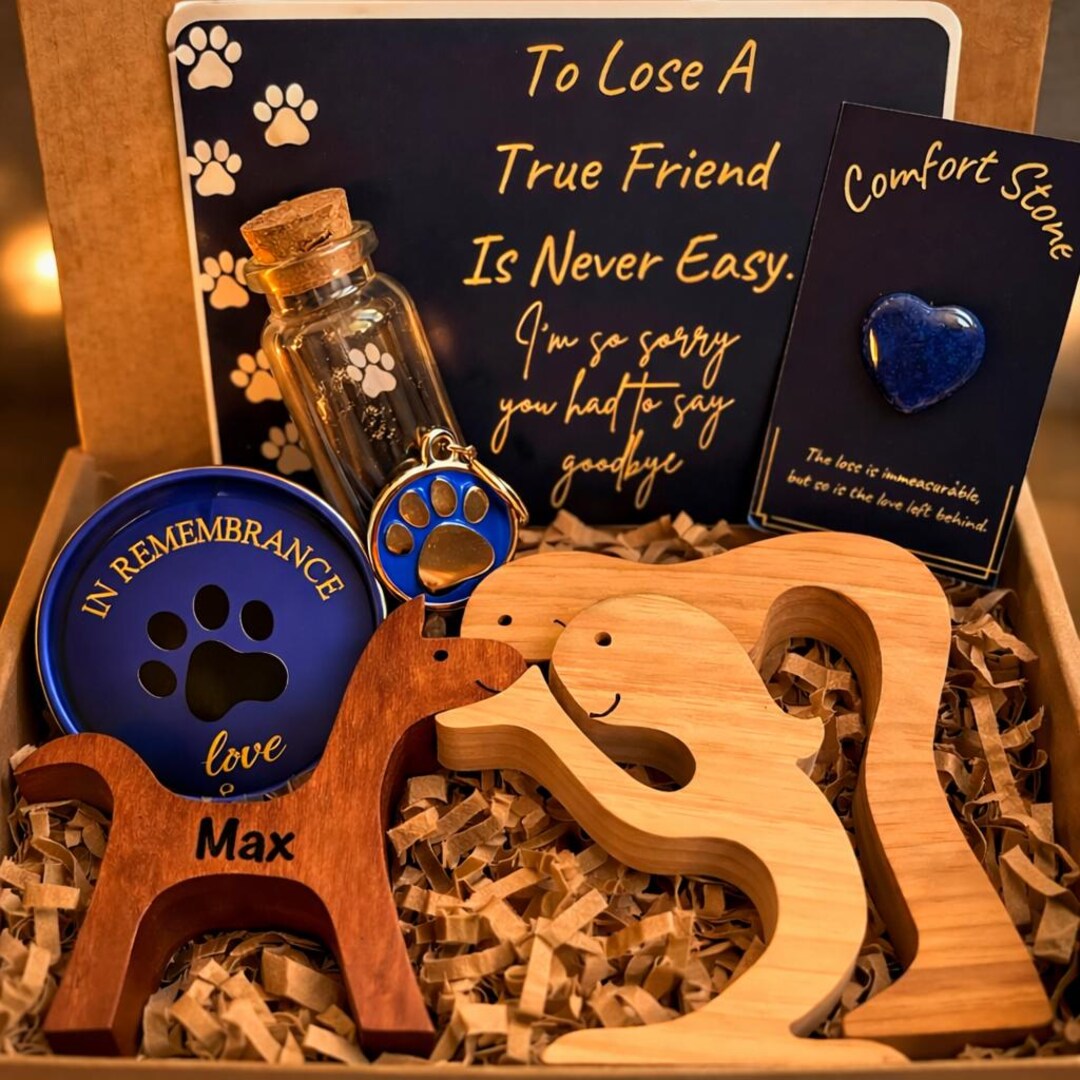 Personalized Dog Sympathy Gift Box, Wood Dog Figurine, Sympathy Card ...
