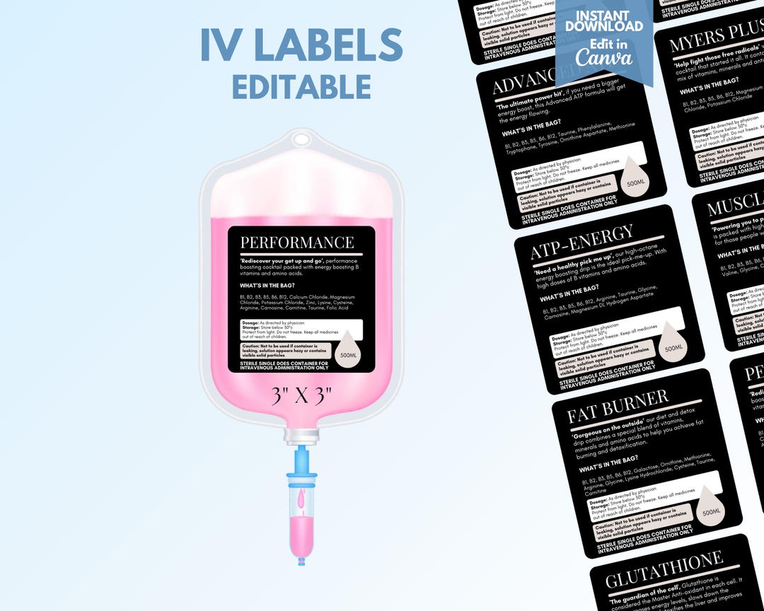 Editable IV Drip Bag Labels: Nutrient Therapy Templates (canva) - Etsy