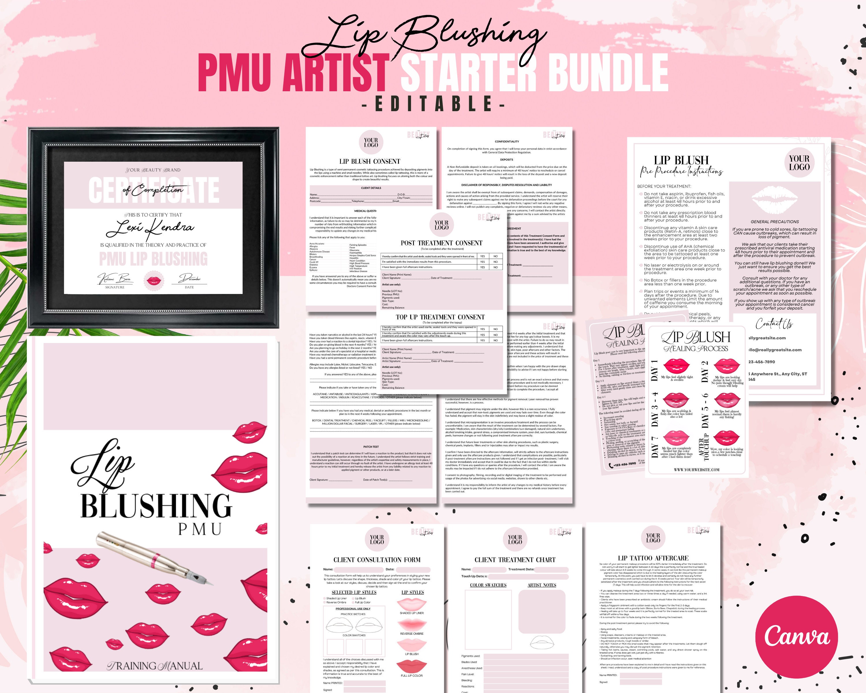 PMU Lips Training Manual, Certificate, Client Forms, PMU Starter ...