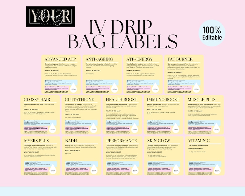 IV Vitamin Drip Bag Labels, Editable Nutrient Therapy Labels, Pastel IV ...