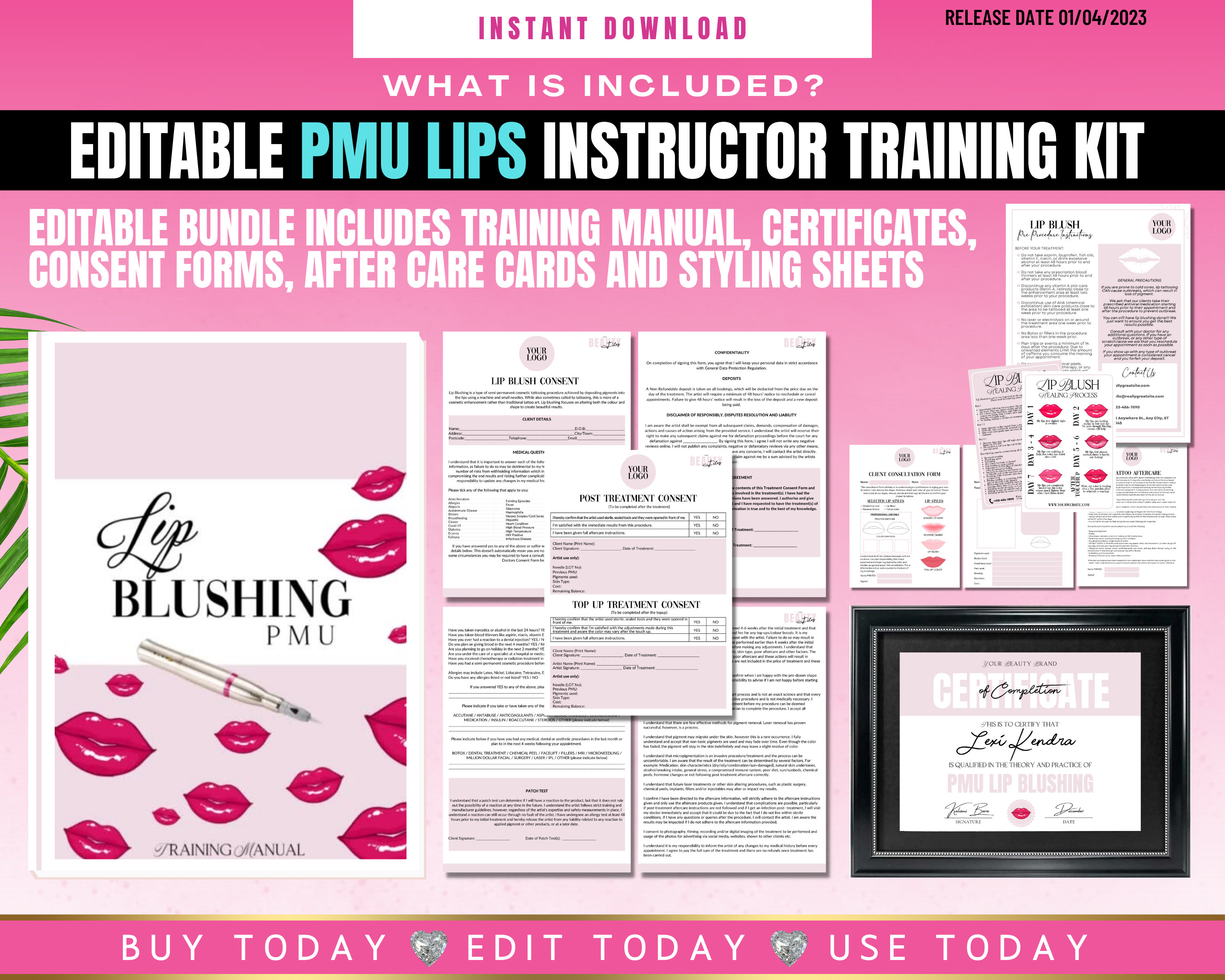 PMU Lips Training Manual, Certificate, Client Forms, PMU Starter ...
