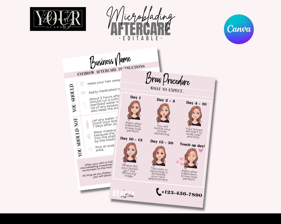 Eyebrow Aftercare Cards, Pink, Cartoon Design, Microblading ...
