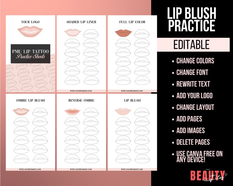 PMU Lips Practice Sheets, Lip Blush Tattoos, Lip Blushing Student Guide ...