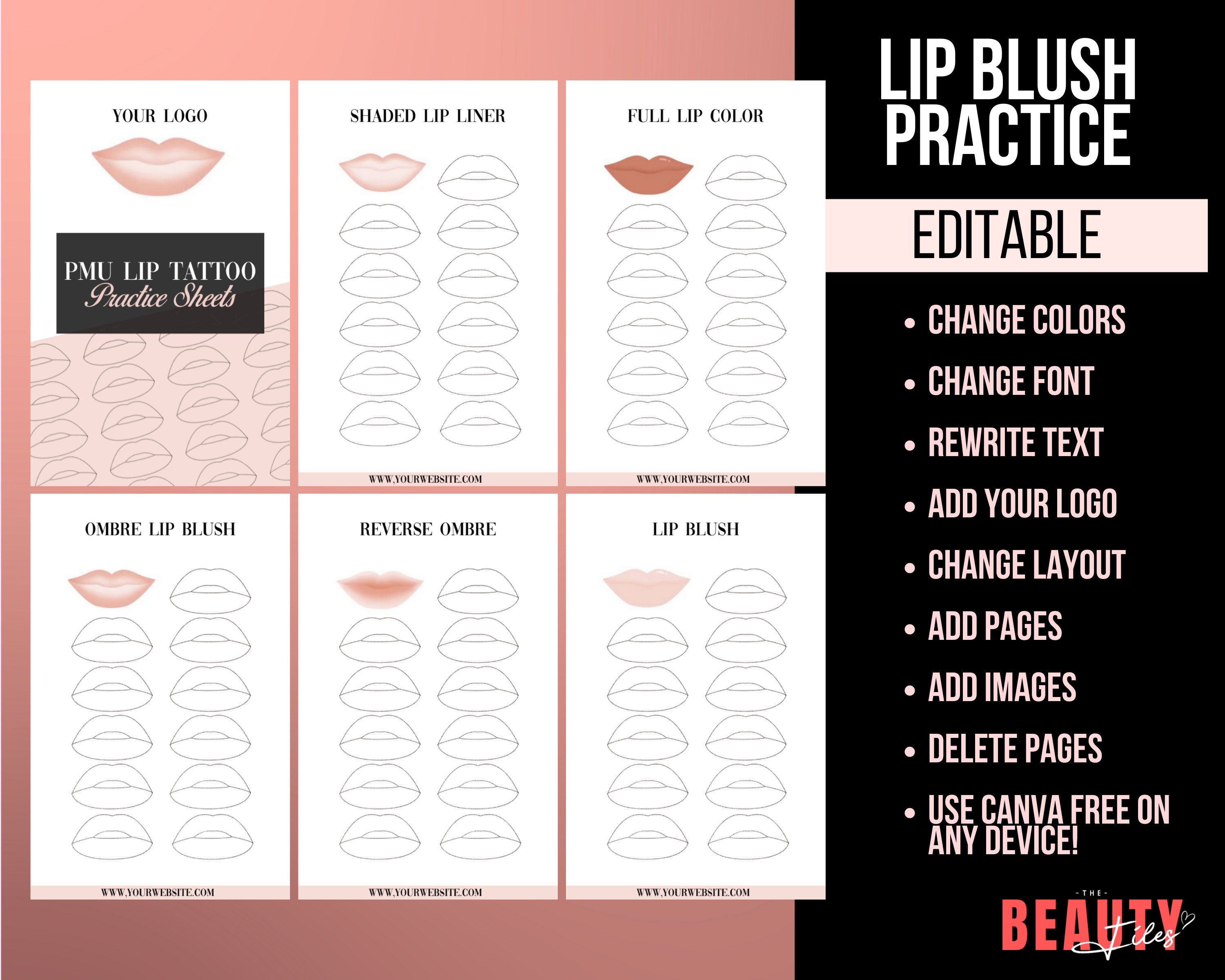 PMU Lips Practice Sheets, Lip Blush Tattoos, Lip Blushing Student Guide ...