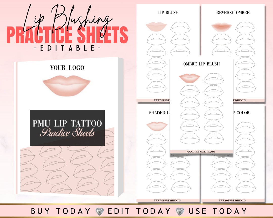 PMU Lips Practice Sheets, Lip Blush Tattoos, Lip Blushing Student Guide ...