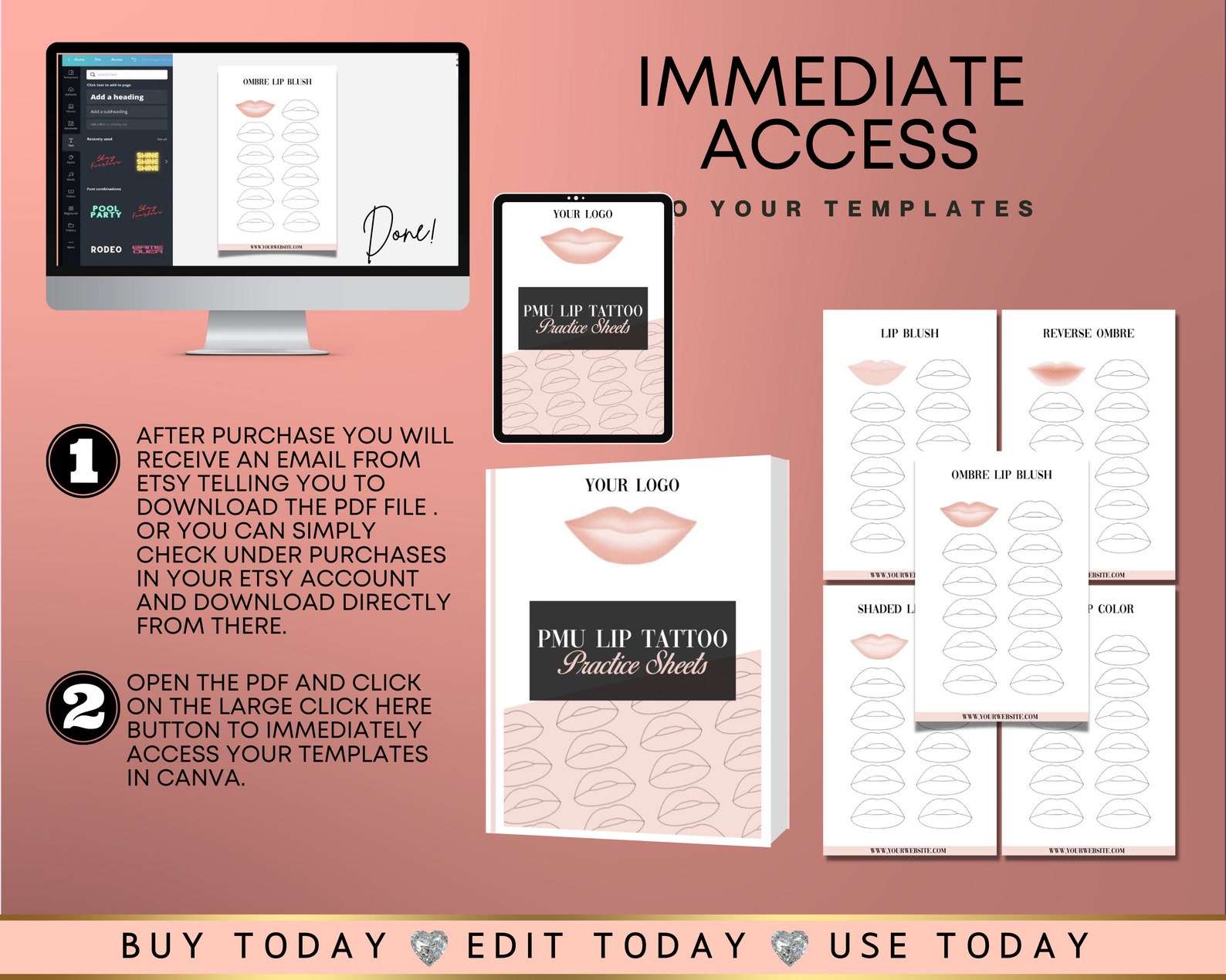 PMU Lips Practice Sheets, Lip Blush Tattoos, Lip Blushing Student Guide, PMU Academy Resources ...