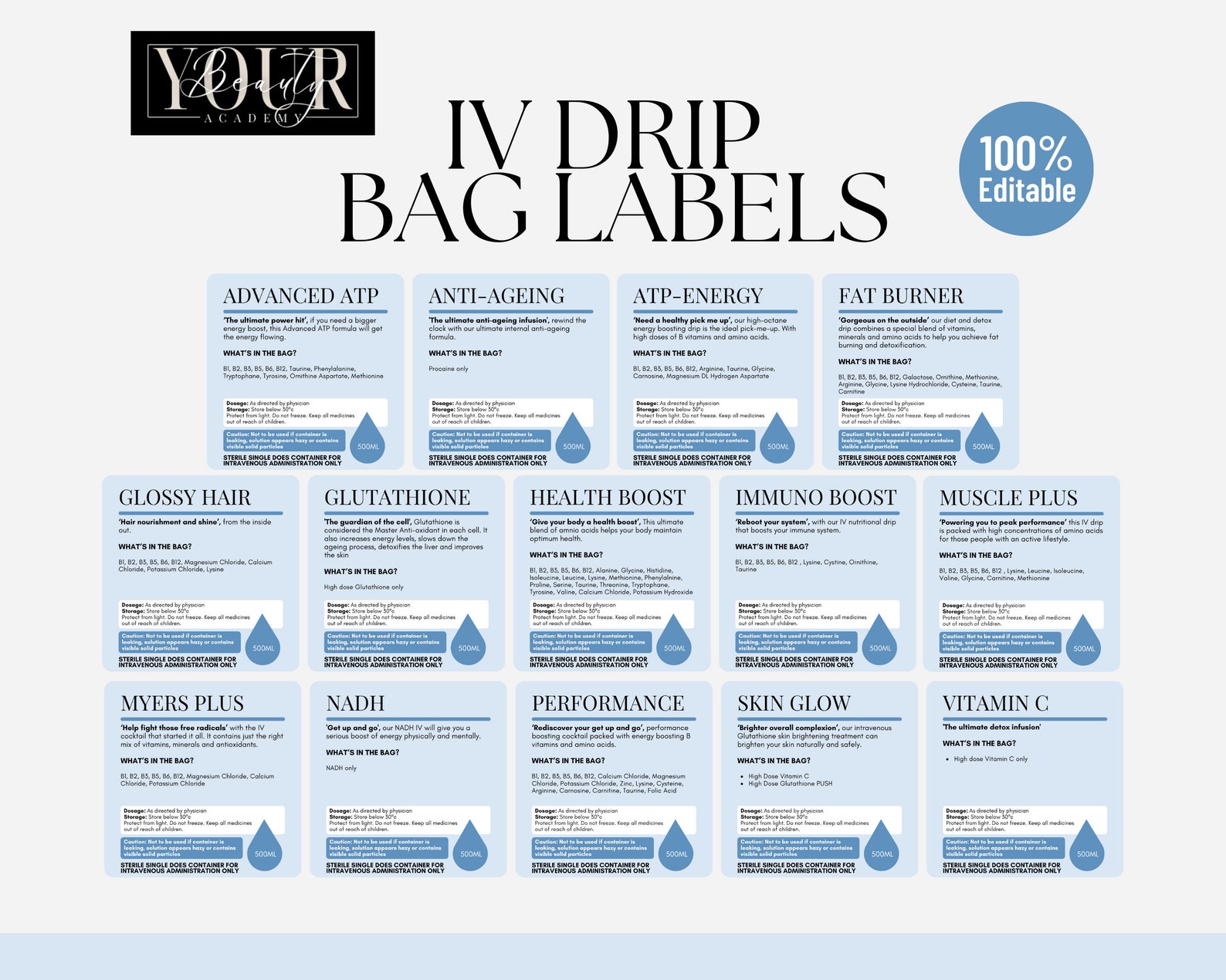 IV Vitamin Drip Bag Labels, Editable Nutrient Therapy Labels, Blue, IV ...