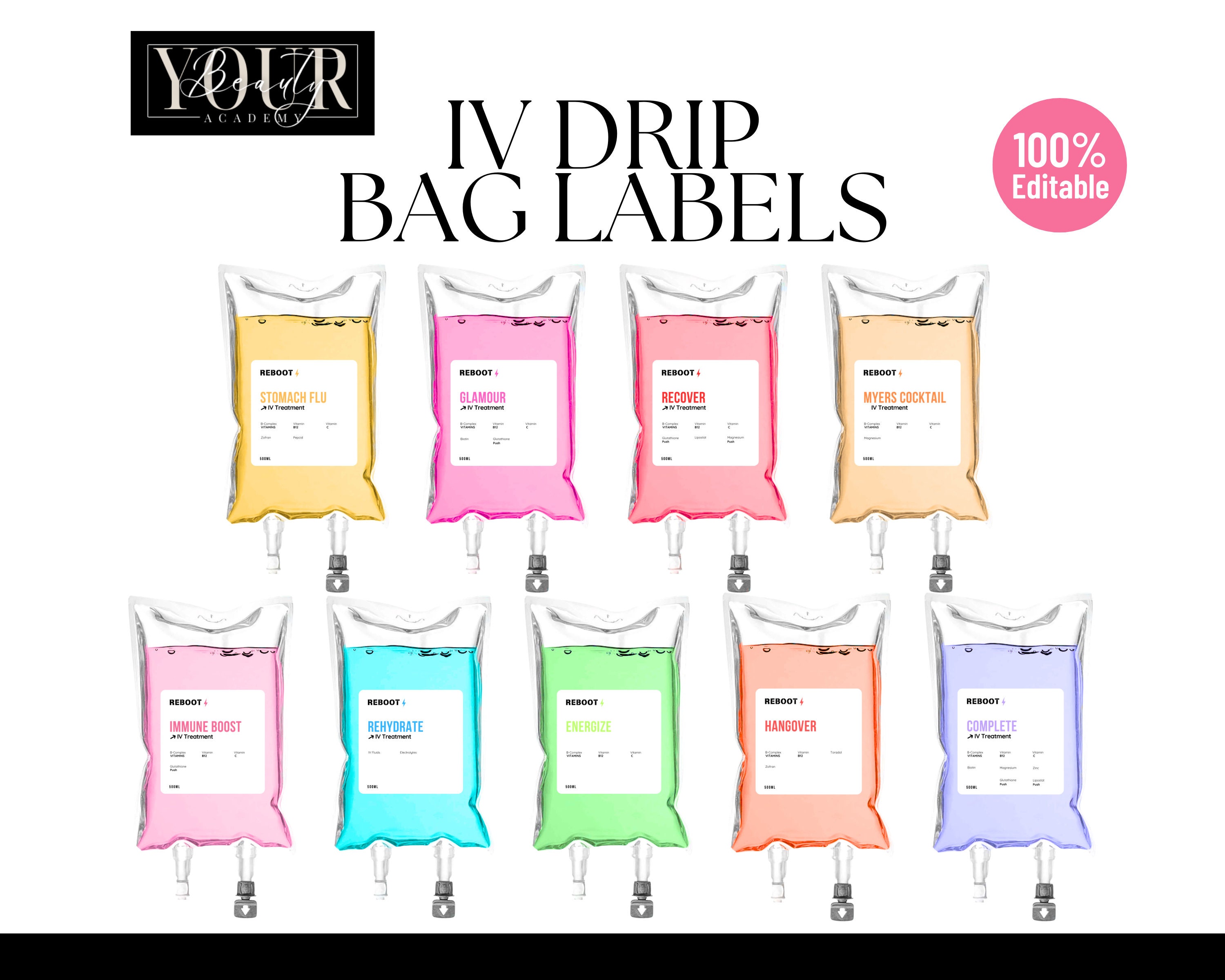 IV Drip Bag Labels, Editable Nutrient Therapy Labels, White, IV ...