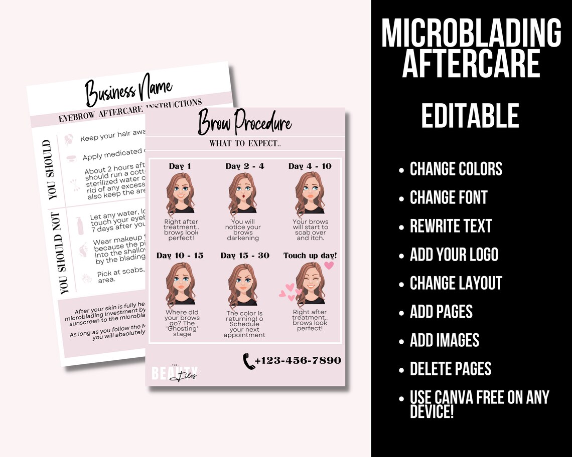 Eyebrow Aftercare Cards, Pink, Cartoon Design, Microblading ...