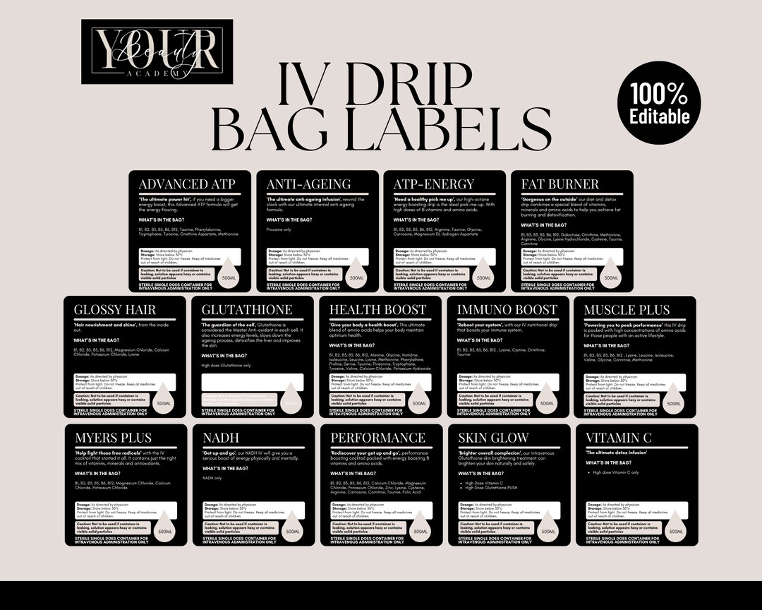 IV Vitamin Drip Bag Labels, Editable Nutrient Therapy Labels, IV Label ...