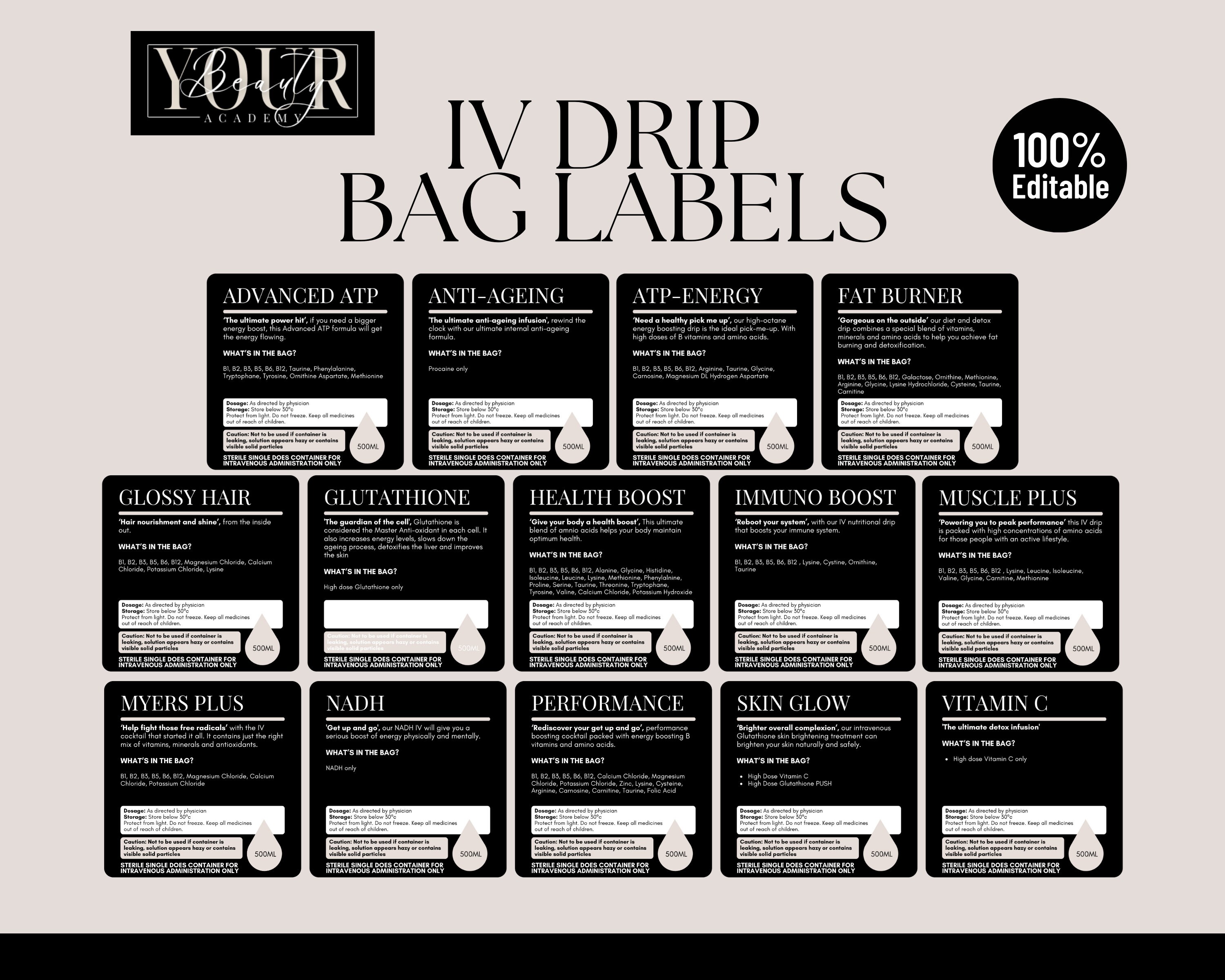 IV Vitamin Drip Bag Labels, Editable Nutrient Therapy Labels, IV Label ...