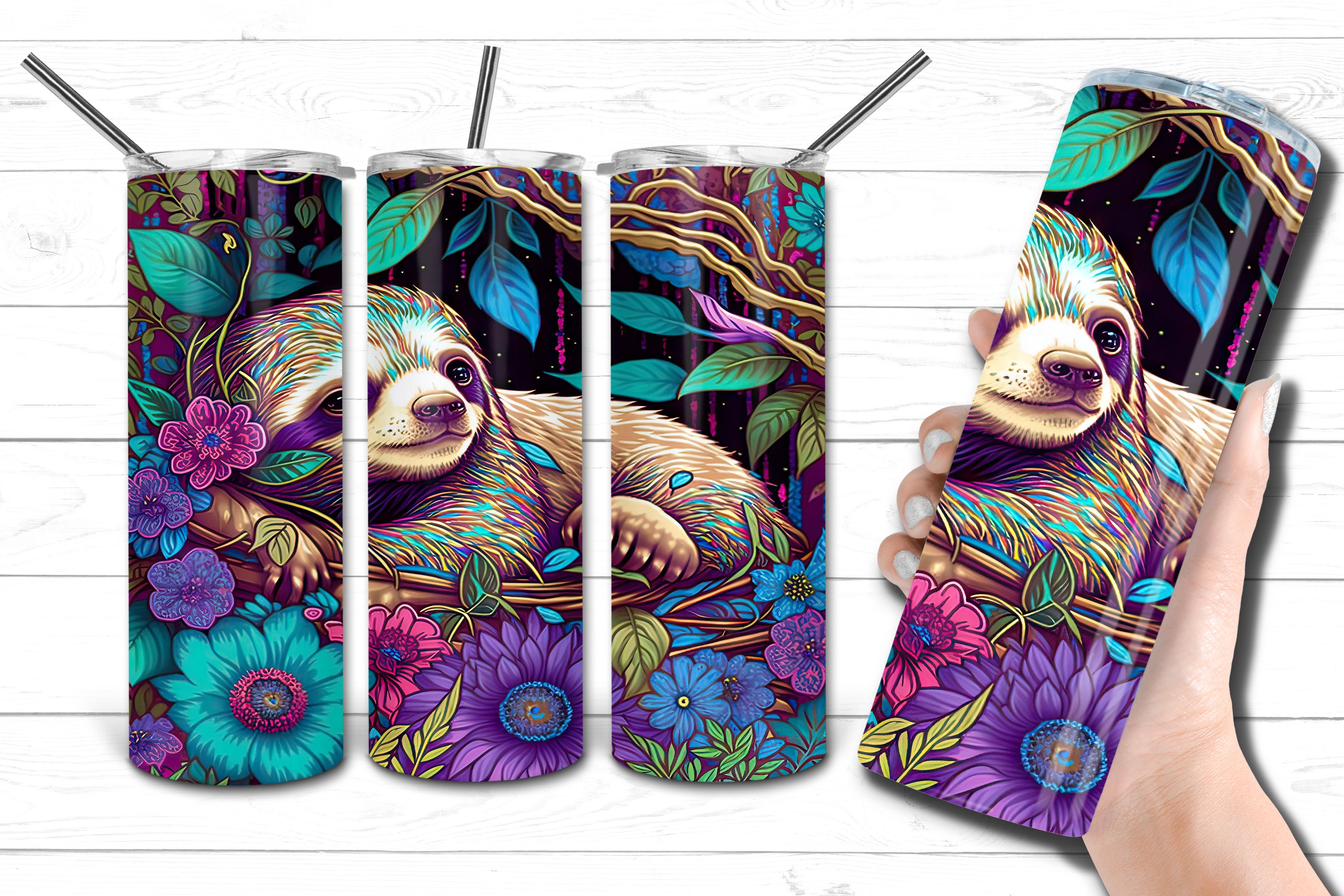 Neon Sloth With Flowers 20oz Skinny Tumbler Sublimation Design - Etsy