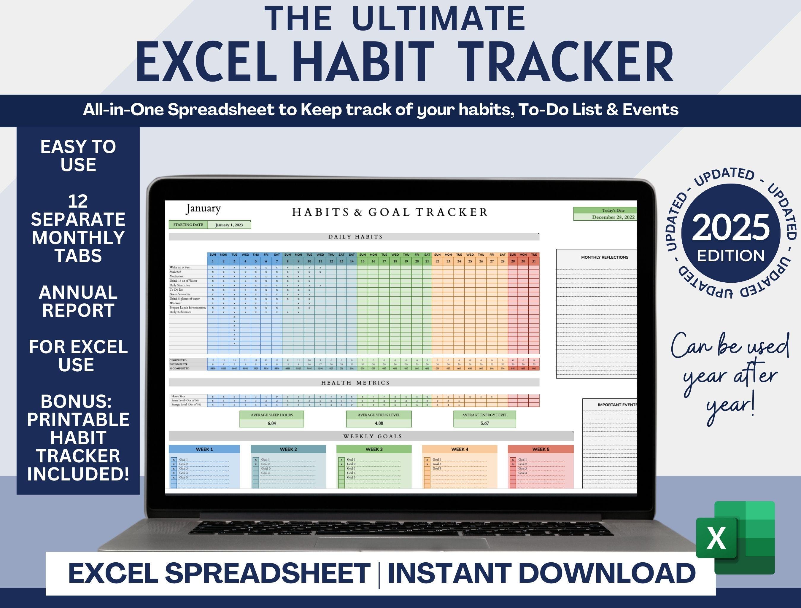 Habit Tracker EXCEL Spreadsheet Template, 2025 Habit Tracker, Habit ...