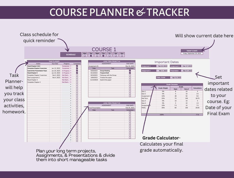 Assignment Tracking Spreadsheet: Academic Course Planner (google Sheets ...