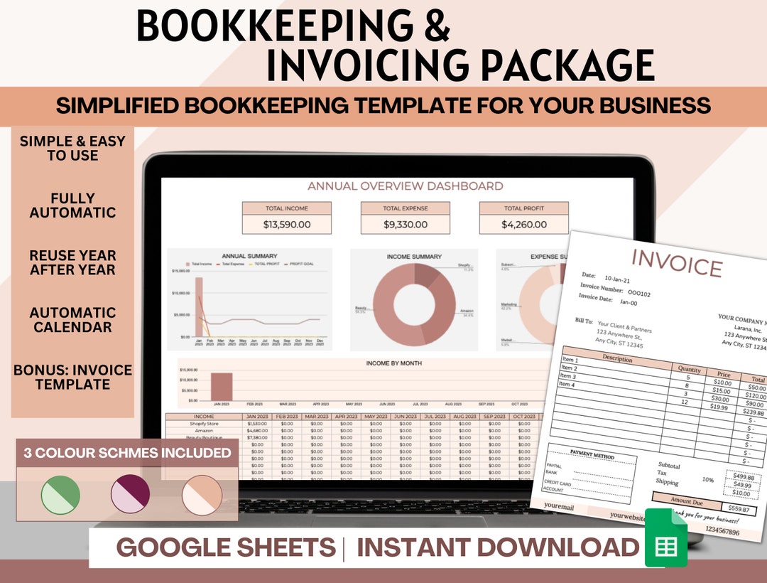 Easy Bookkeeping & Invoice Spreadsheet Template, Small Business ...