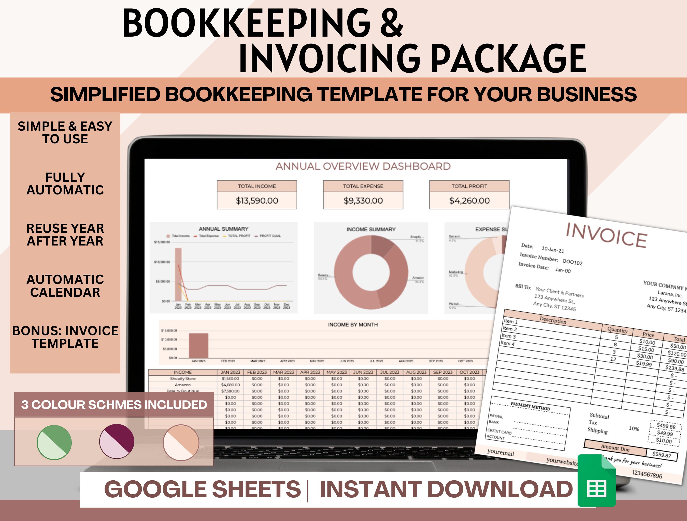 Easy Bookkeeping & Invoice Spreadsheet Template, Small Business ...