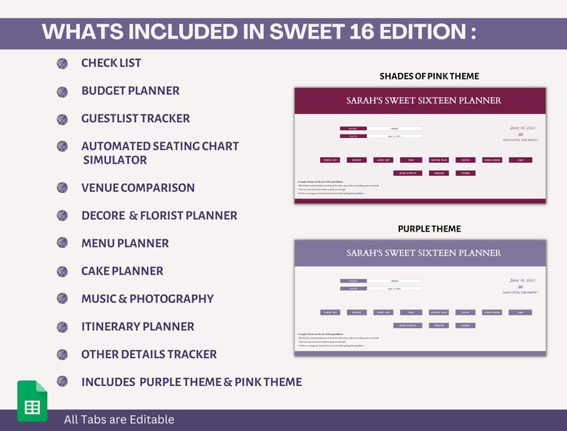 All-in-one Party Planning Spreadsheet: Quinceañera & Sweet 16 (digital ...