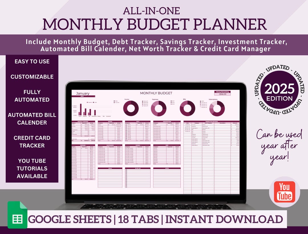 2025 Budget Spreadsheet: Monthly & Annual Planner (google Sheets ...