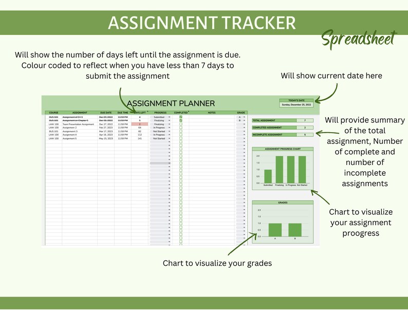 Assignment Tracking Spreadsheet Academic and Course Planner - Etsy