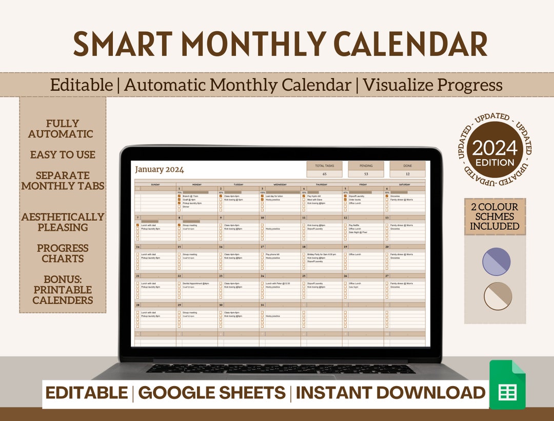 2024 Editable Calendar | Automated Monthly Calendar | Task Planner ...