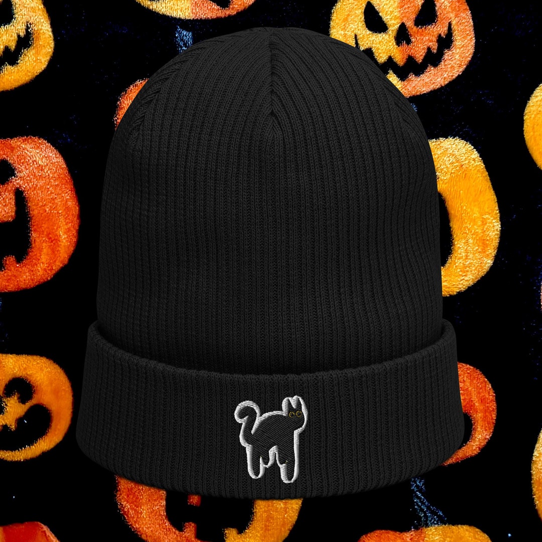 Goofy Black Cat Beanie Funny Halloween Gothic Comfy Black Green Beige ...