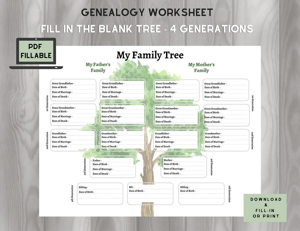 Family Tree - Fill-in the Blank - 4 Generations - 1 Page - Fillable PDF ...