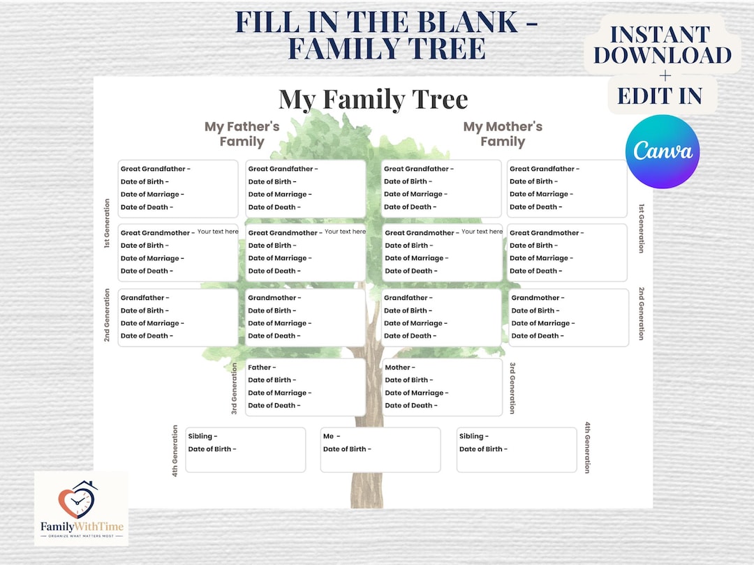 Family Tree - Fill-in the Blank - Editable Canva Template - Instant ...