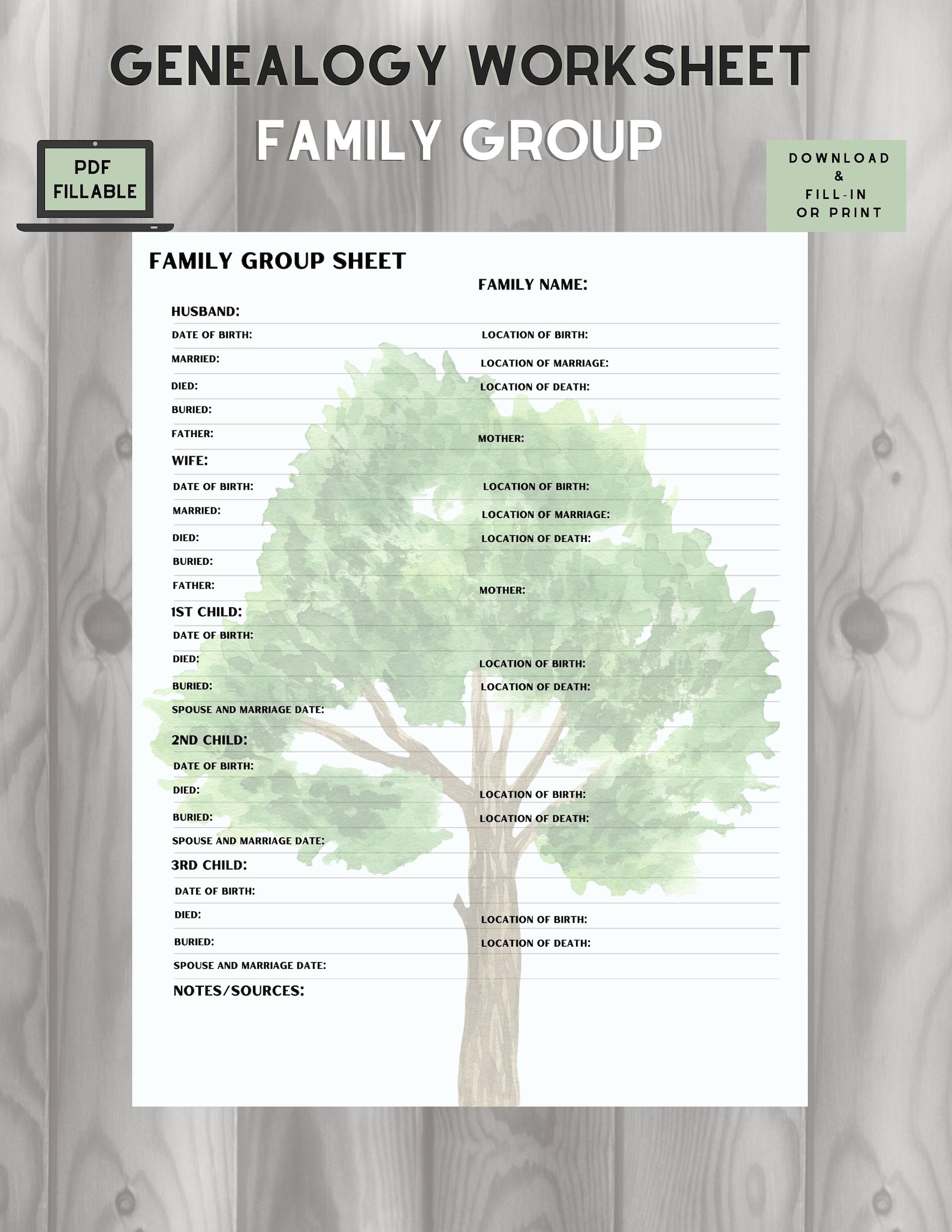 Family Group Sheet - Download, PDF Fillable, Genealogy Family Sheet - Etsy
