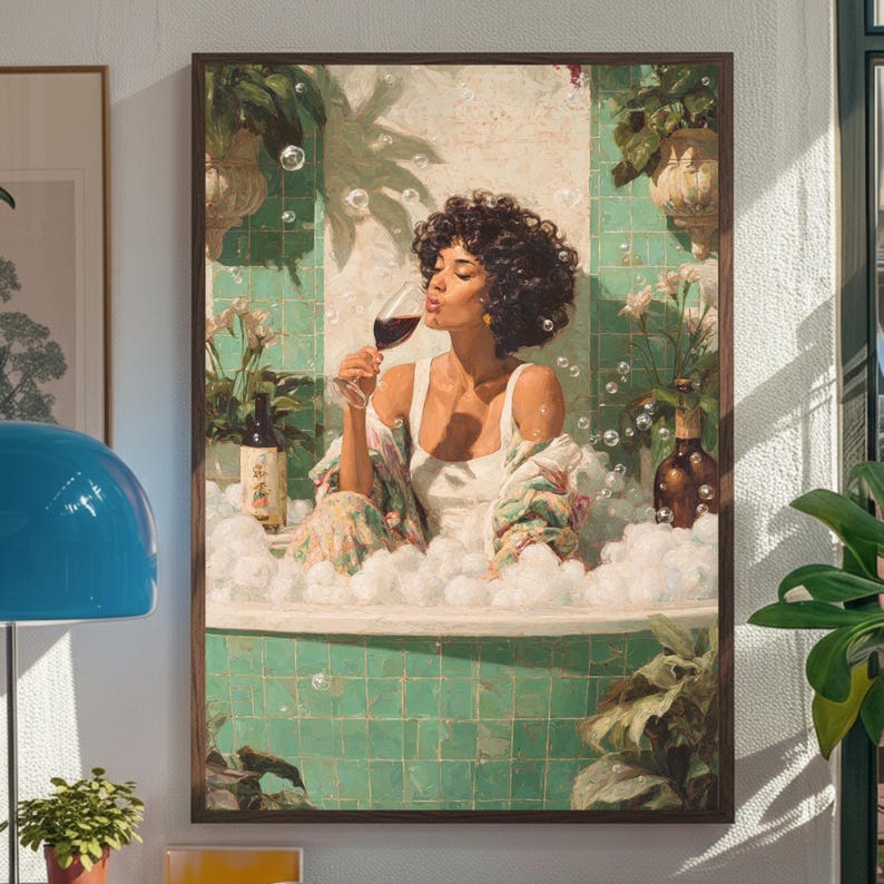 Bubble Bath Woman Art Print, Wine Aesthetic Bathroom Wall Decor ...