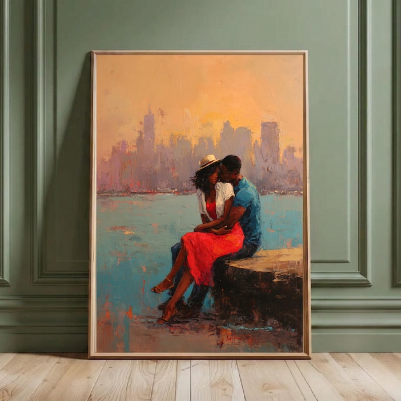 African American Couple Art, Romantic City Skyline Canvas or Poster ...
