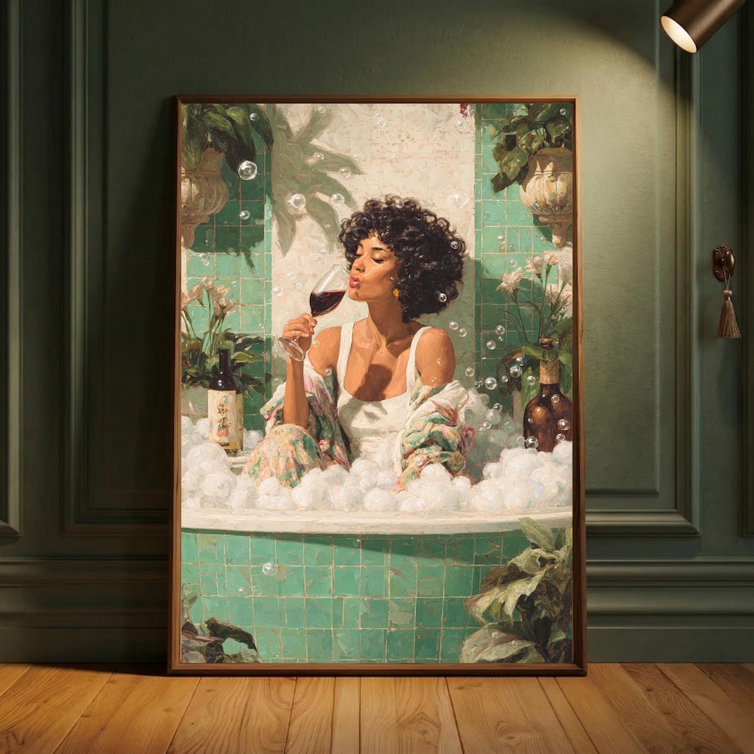 Bubble Bath Woman Art Print, Wine Aesthetic Bathroom Wall Decor ...