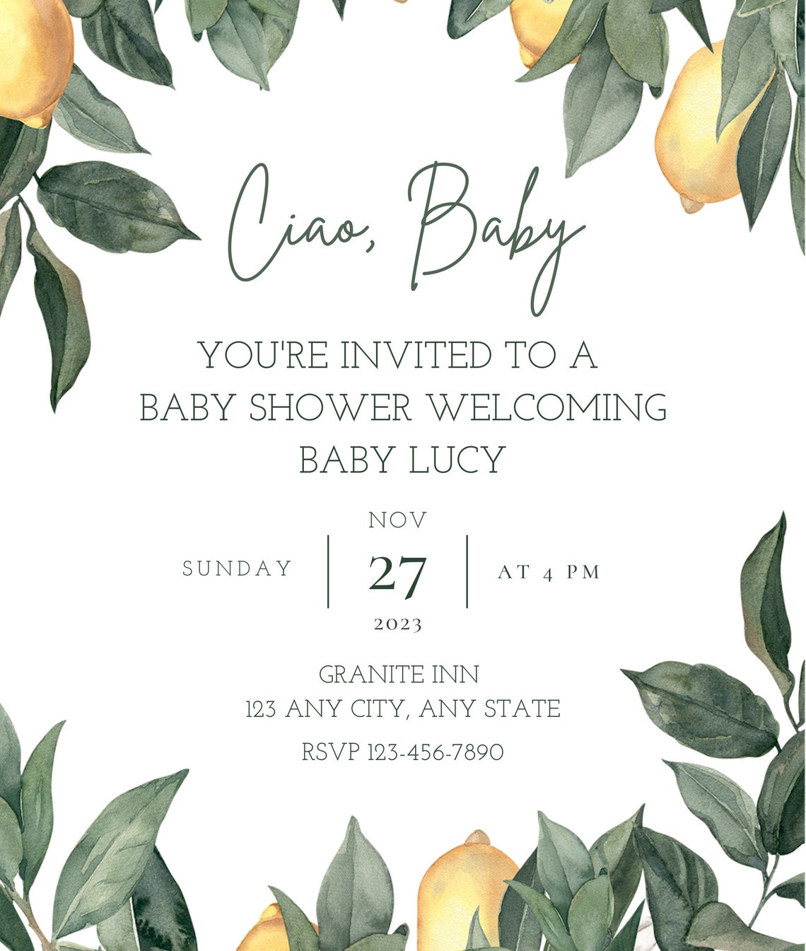 CIAO, BABY Baby Shower Invitation Italian Lemons Theme Baby Shower ...