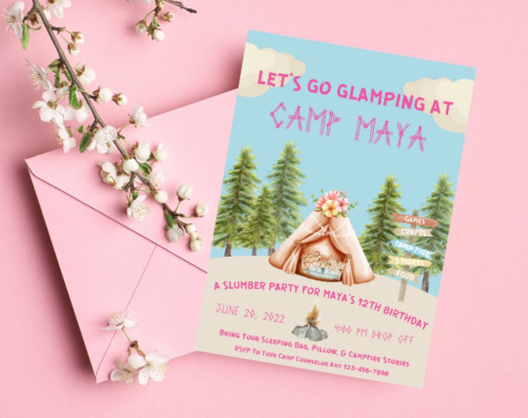 GLAMPING Party Invitation Girl's Camp Party Digital Download Personalized for Your Glamping ...