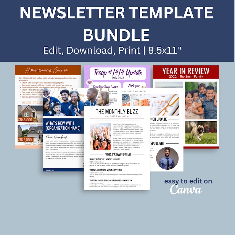 Newsletter Template Bundle | 5 Templates | Editable in Canva | 8.5x11 ...