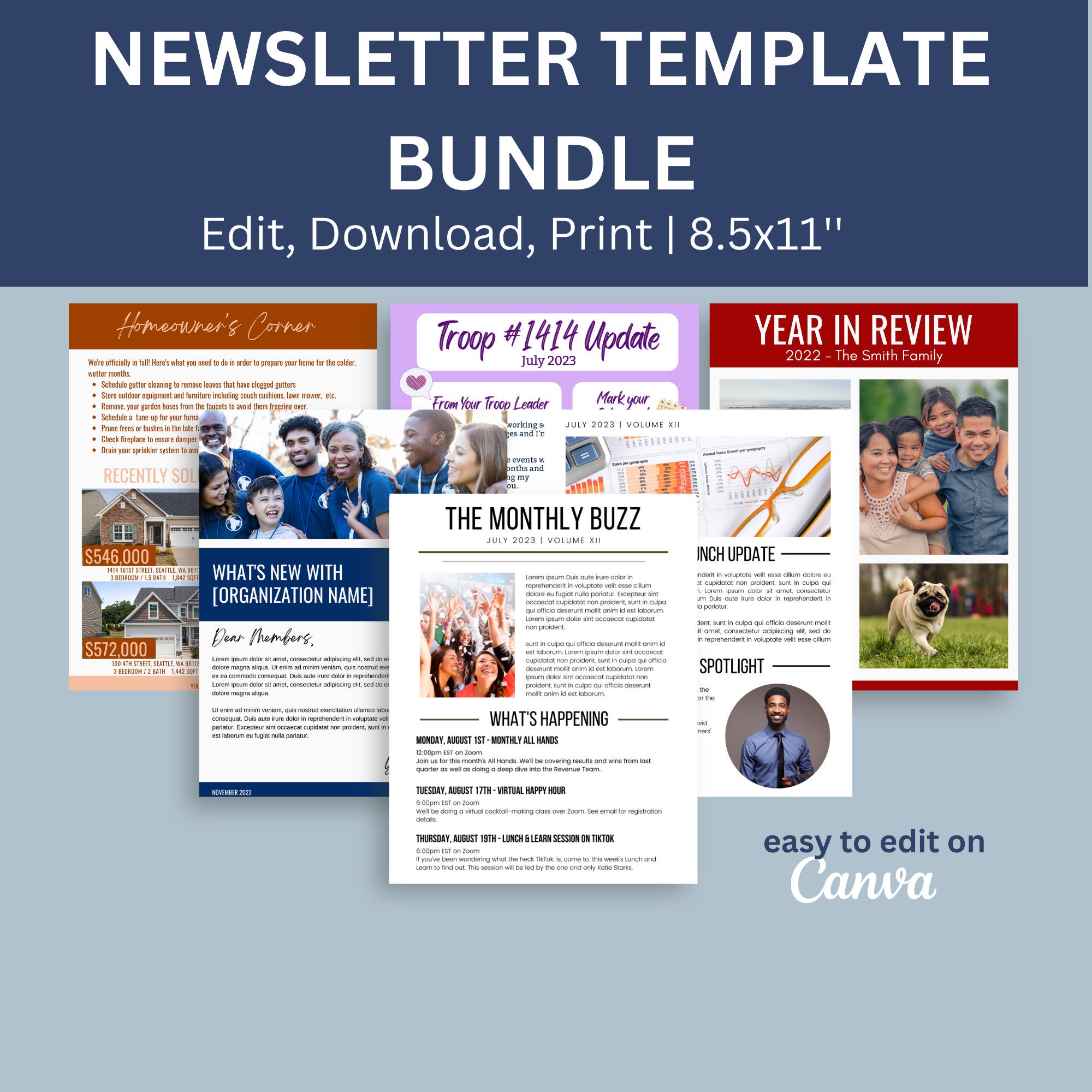 Newsletter Template Bundle | 5 Templates | Editable in Canva | 8.5x11 ...