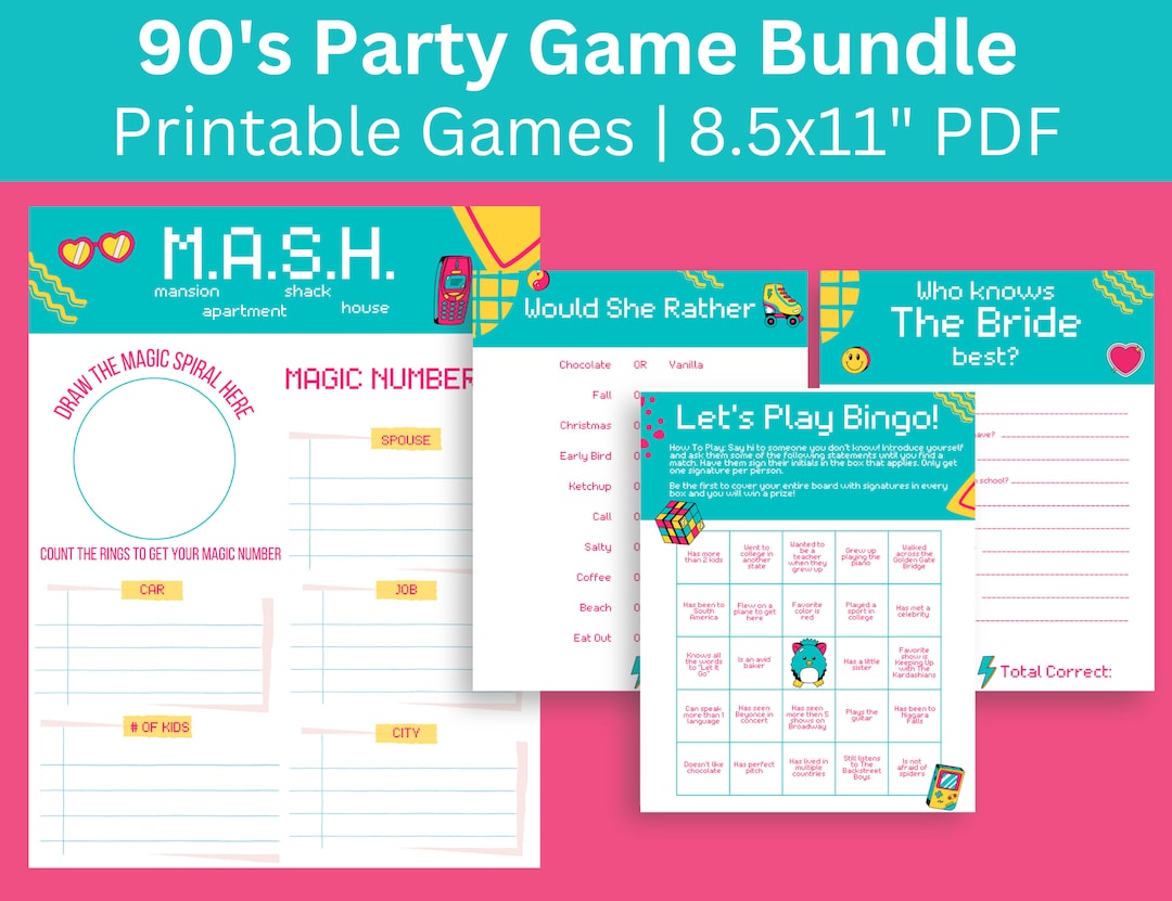 90s Party Game Bundle | Retro Birthday Party Games | M.A.S.H., Bingo ...