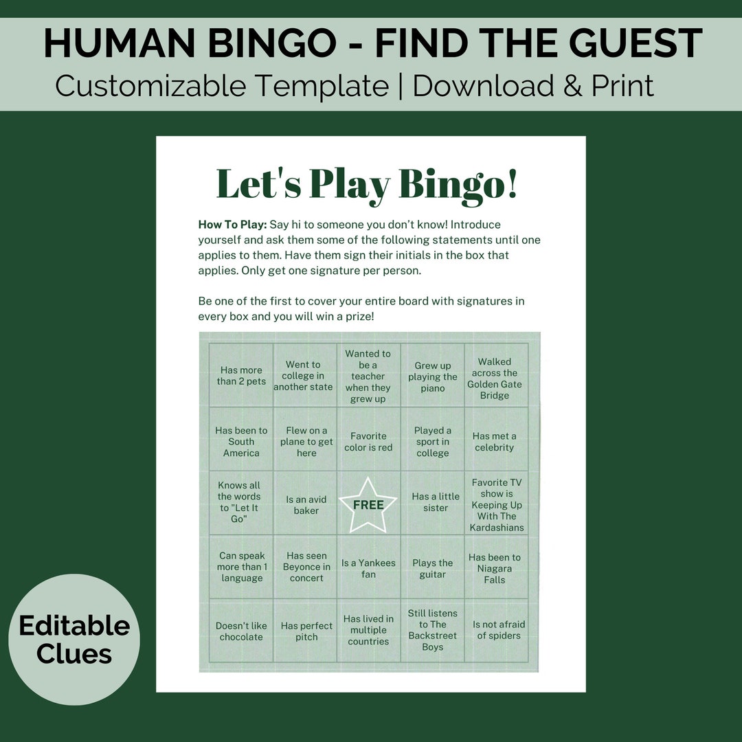 Human Bingo Card | Editable & Printable | Icebreaker, Team Building ...