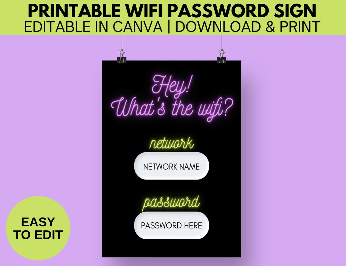 Editable Wifi Password Sign Template Neon and Black Edit - Etsy