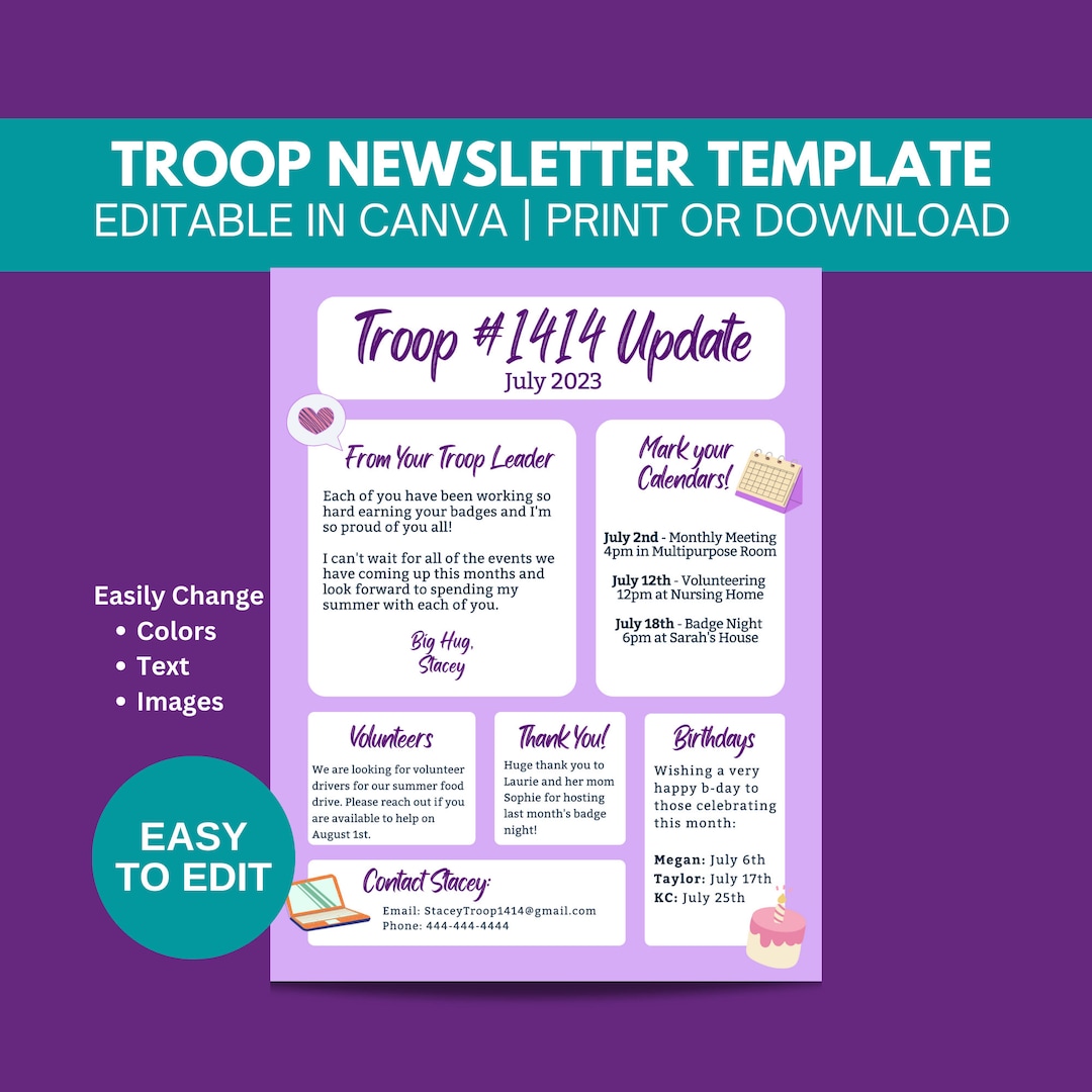 Troop Newsletter Template | School Club Update | Editable in Canva | 8. ...